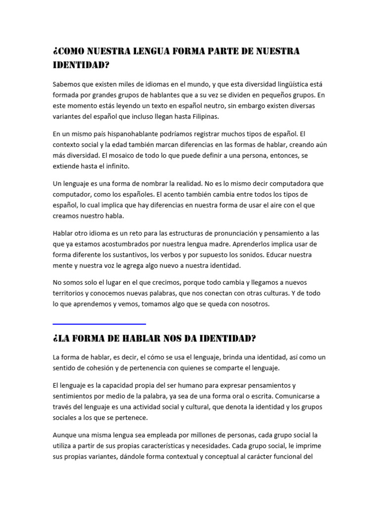 Lenguaje y su impacto en la identidad | PDF | Lengua española | Artes ...