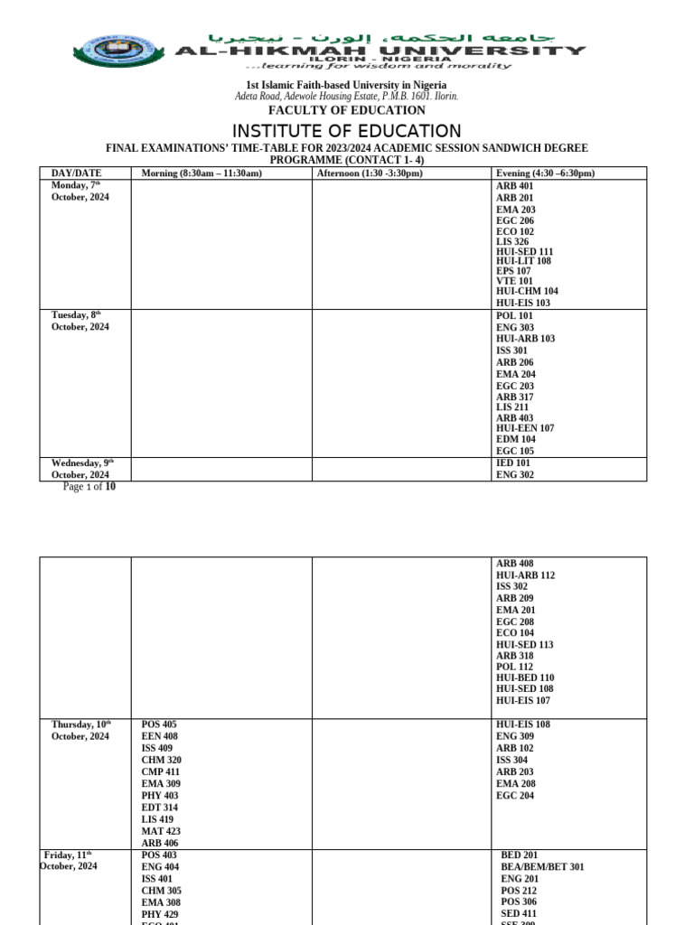Sandwich Contact 1-4 Exam Timetable, 2024 | PDF
