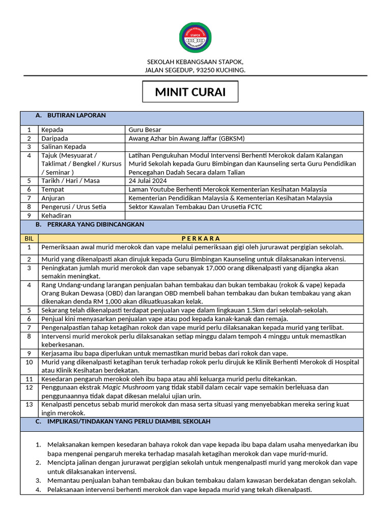 Minit Curai - Latihan Pengukuhan Berhenti Merokok Julai 2024 | PDF