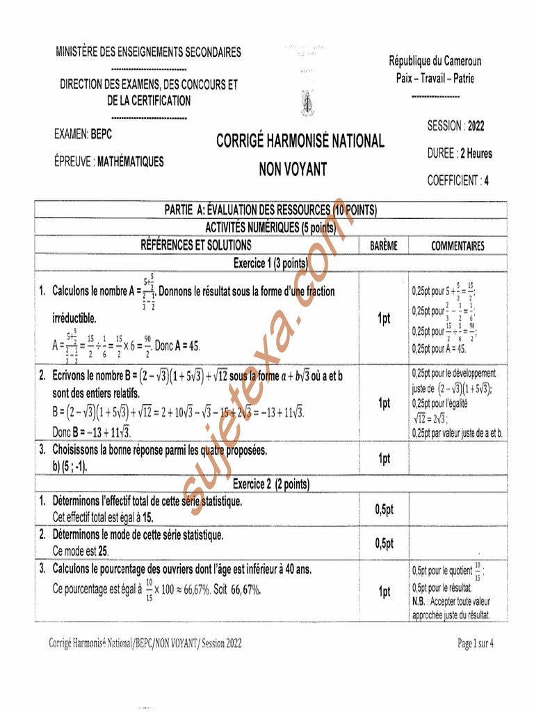 CORRIGÉ HARMONISÉ NATIONAL - BEPC SESSION 2022 MATHEMATIQUES CAMEROUN | PDF CORRIGÉ HARMONISÉ NATIONAL - BEPC SESSION 2022 MATHEMATIQUES CAMEROUN | PDF
