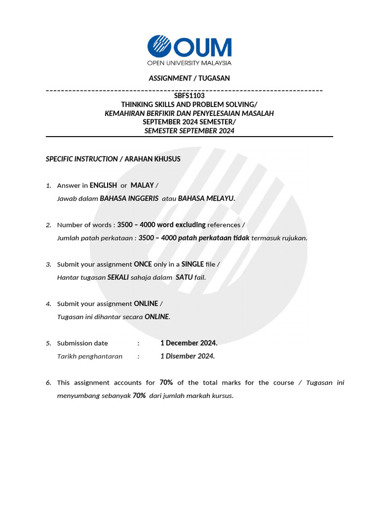 Tugasan SBFS1103 Thinking Skills and Problem Solving/ September 2024 Semester | PDF