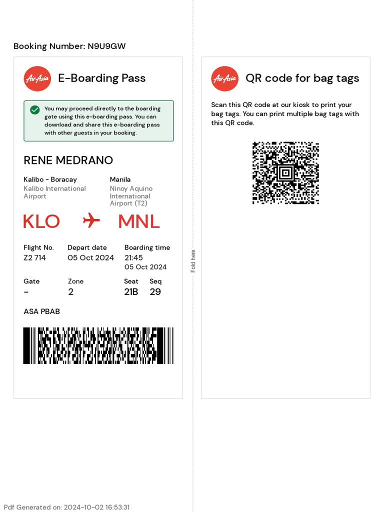 E-Boarding Pass QR Code For Bag Tags: Booking Number: N9U9GW | PDF