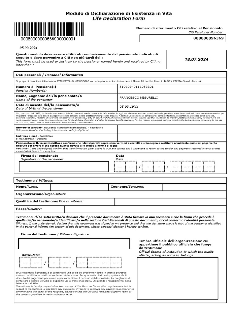 Modulo Di Dichiarazione Di Esistenza in Vita: Life Declaration Form | PDF