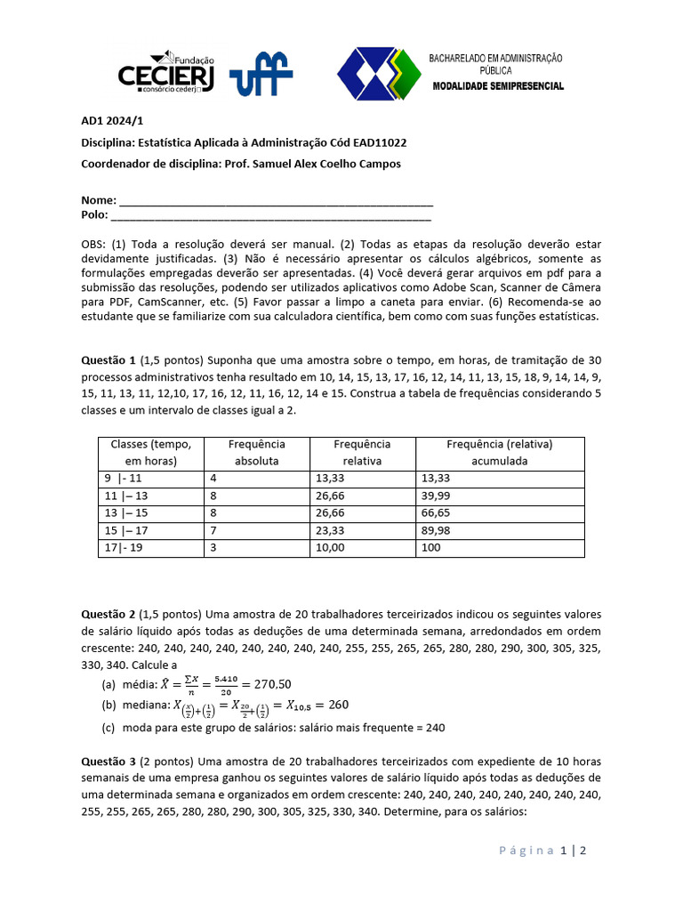 AD1 - Estatística - Final - Gabarito | PDF