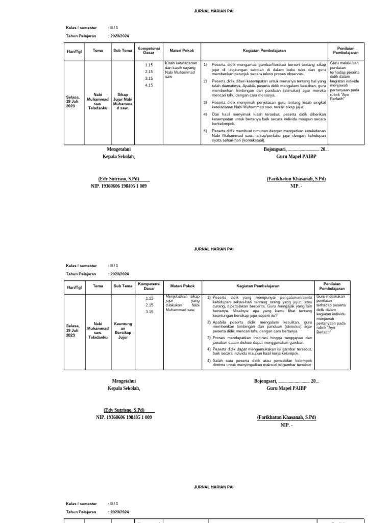 Jurnal Harian Pai KLS 2 Sem 1 | PDF
