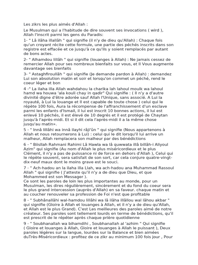Les Zikrs Les Plus Aimés 1 | PDF