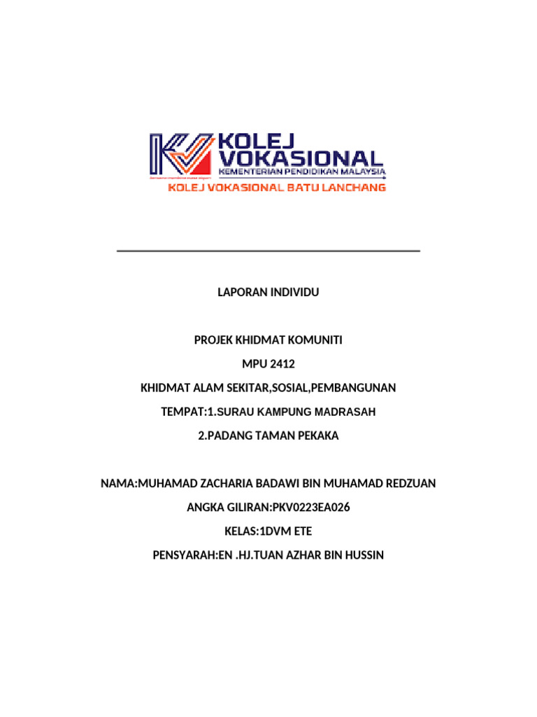 KERJA KHIDMAT KOMUNITI INDIVIDUU 1 Zach | PDF