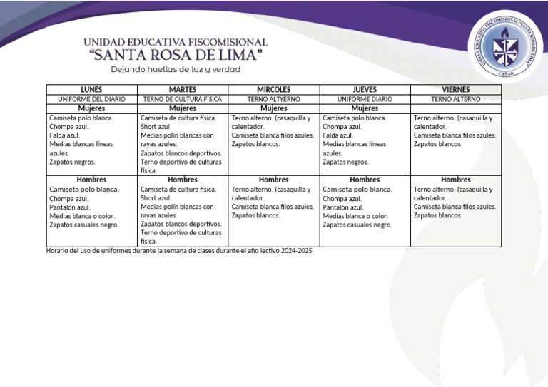 Horario Del Uniforme 2024-2025 | PDF