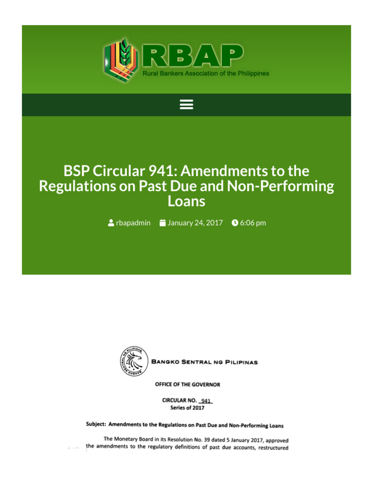 BSP Circular 941 - Amendments To The Regulations On Past Due and Non ...
