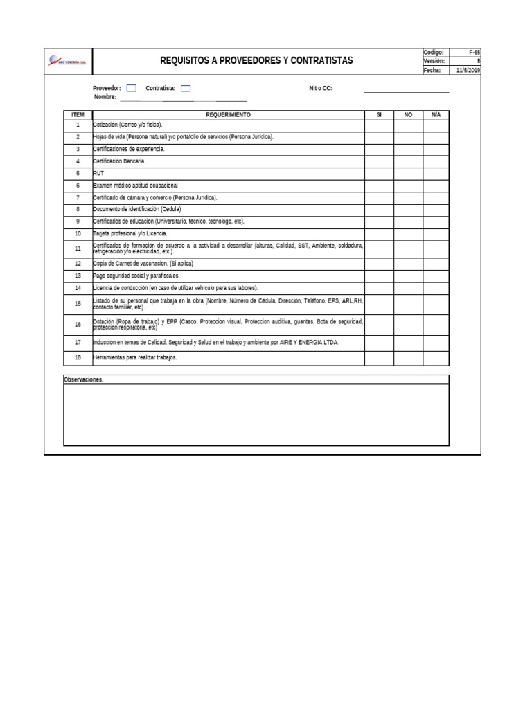 Requisitos Proveedores y Contratistas | PDF