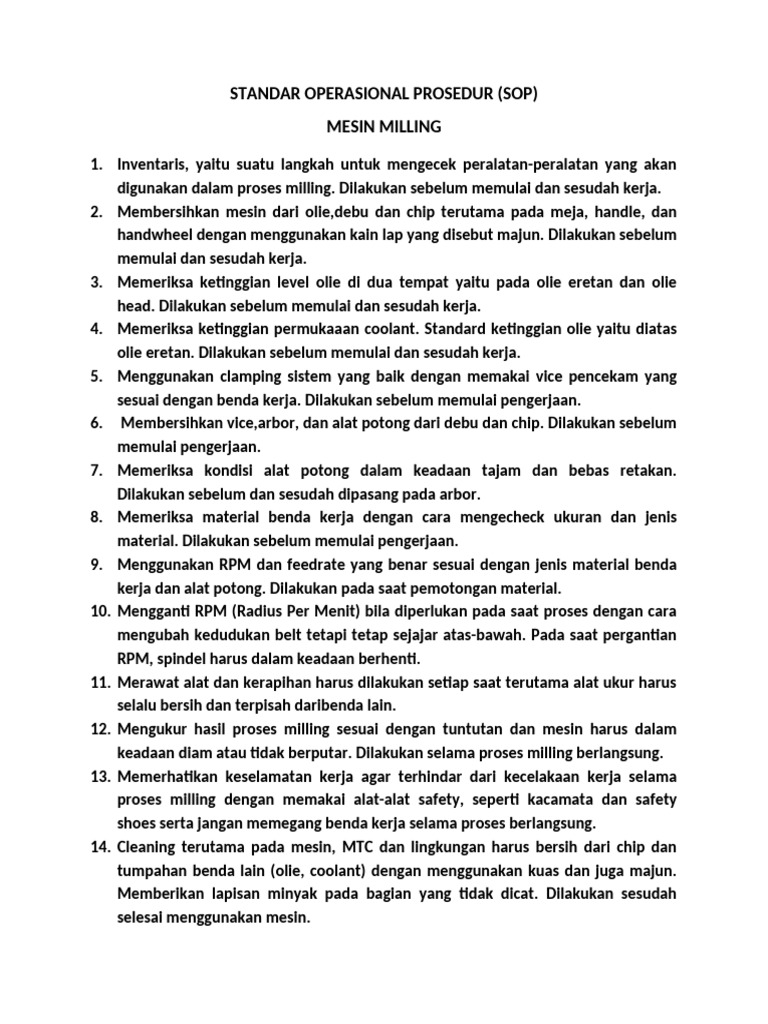 SOP Mesin Milling dan Keamanan Kerja | PDF
