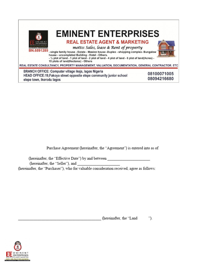 Land Purchase Agreement Template EMINENT UPDATED | PDF