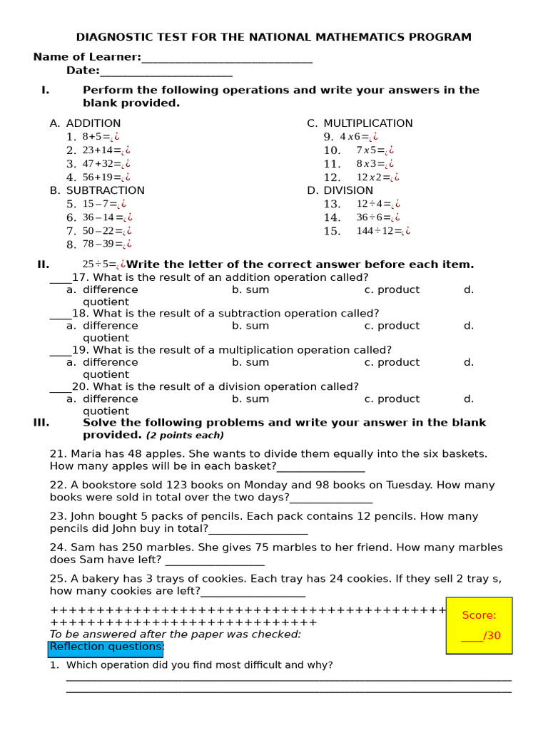 Diagnostic Test For The National Mathematics Program | PDF | Mathematics