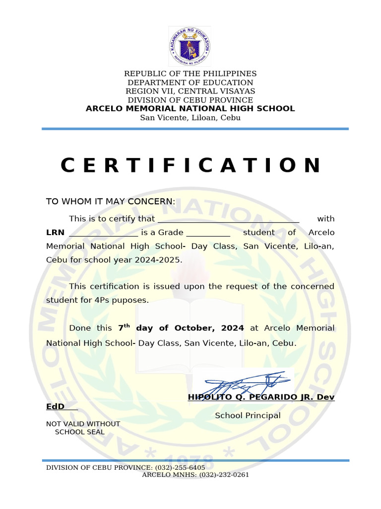 Certificate OF ENROLLMENT 4PS | PDF