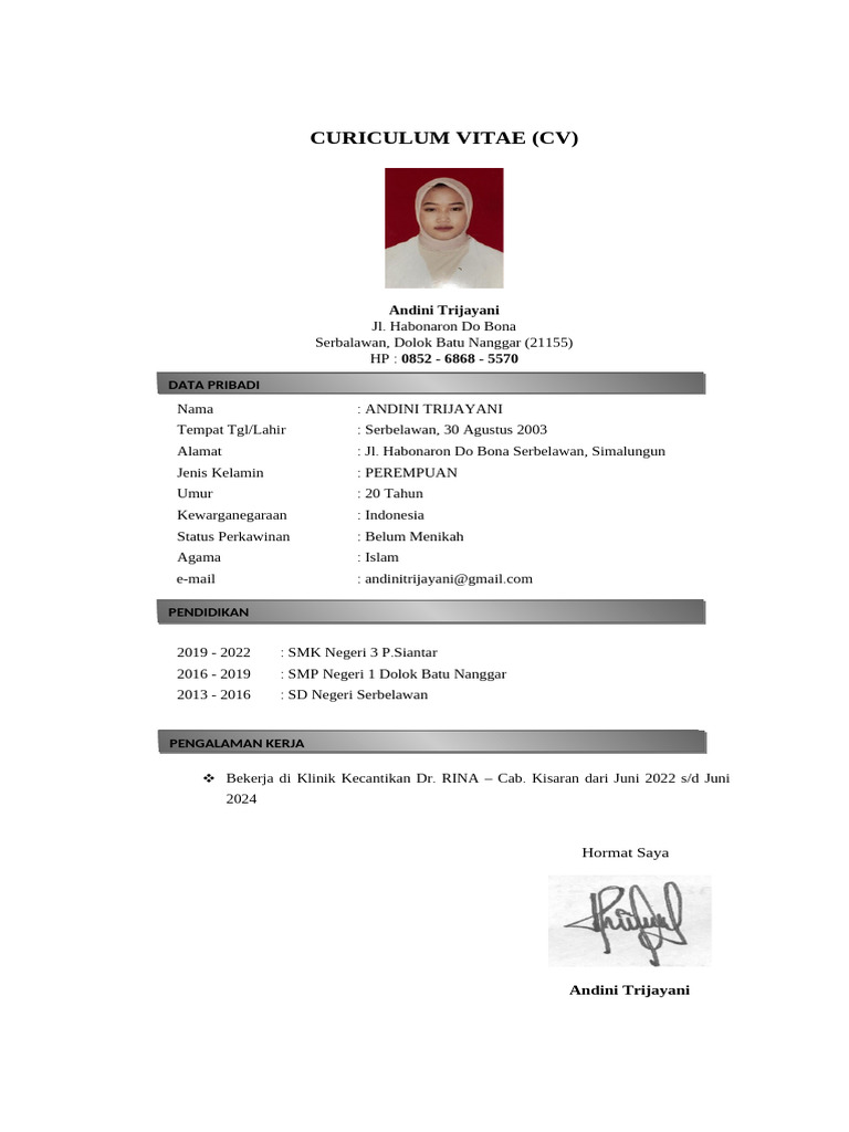 Curiculum Vitae (CV) Andini Trijayani | PDF