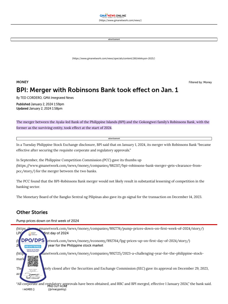 BPI - Merger With Robinsons Bank Took Effect On Jan. 1 - GMA News Online | PDF