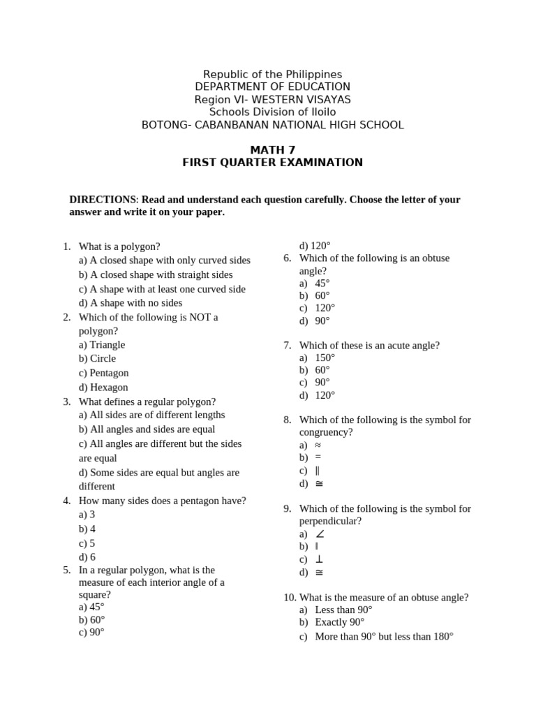 1st Quarter Test (Grade 7) | PDF | Shape | Teaching Methods & Materials