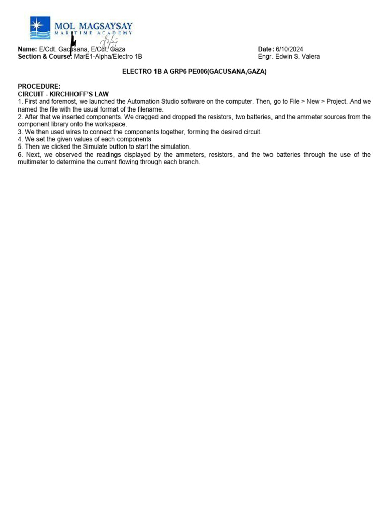 Electro 1B A GRP6 Pe006 - Procedure (Gacusana, Gaza) | PDF | Science & Mathematics