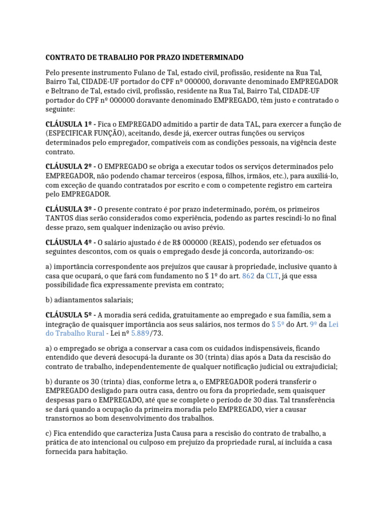 Modelo de Contrato de Trabalho Por Prazo Indeterminado | PDF