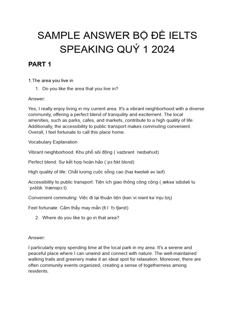 Suggested Answer Speaking Part 1 2 3 Quý 1 2024 | PDF
