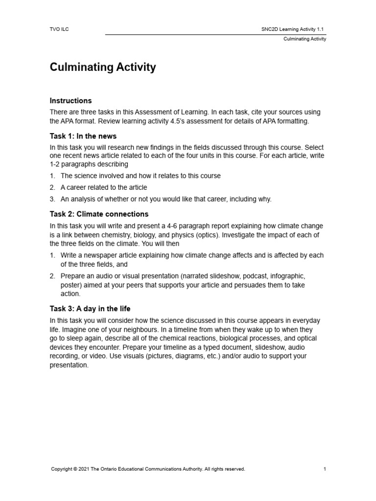 snc2d 01.01 Culminating Activity | PDF
