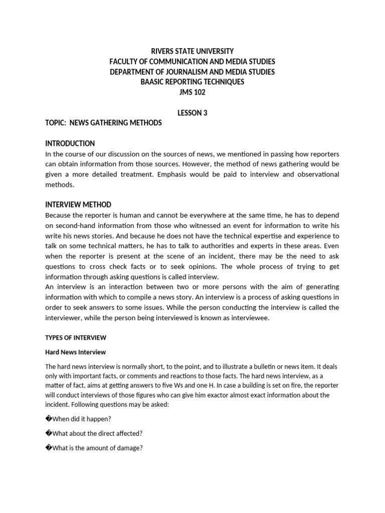 Lesson 3 Method of News Gathering | PDF
