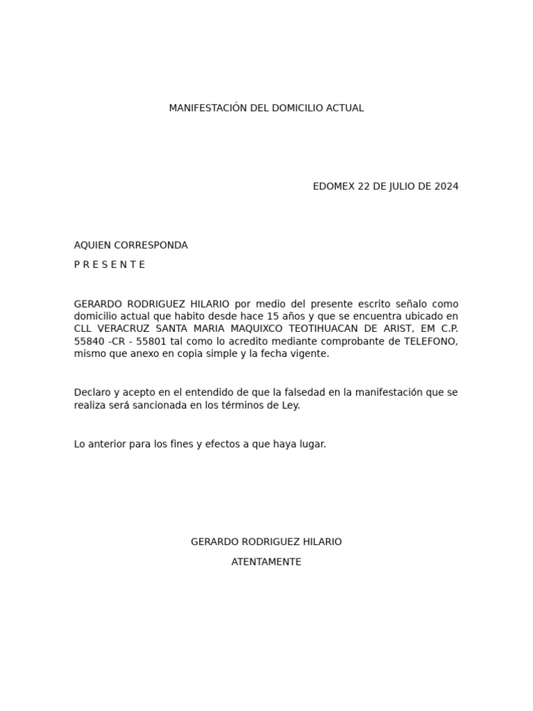 Carta Manifiesto Domicilio | PDF