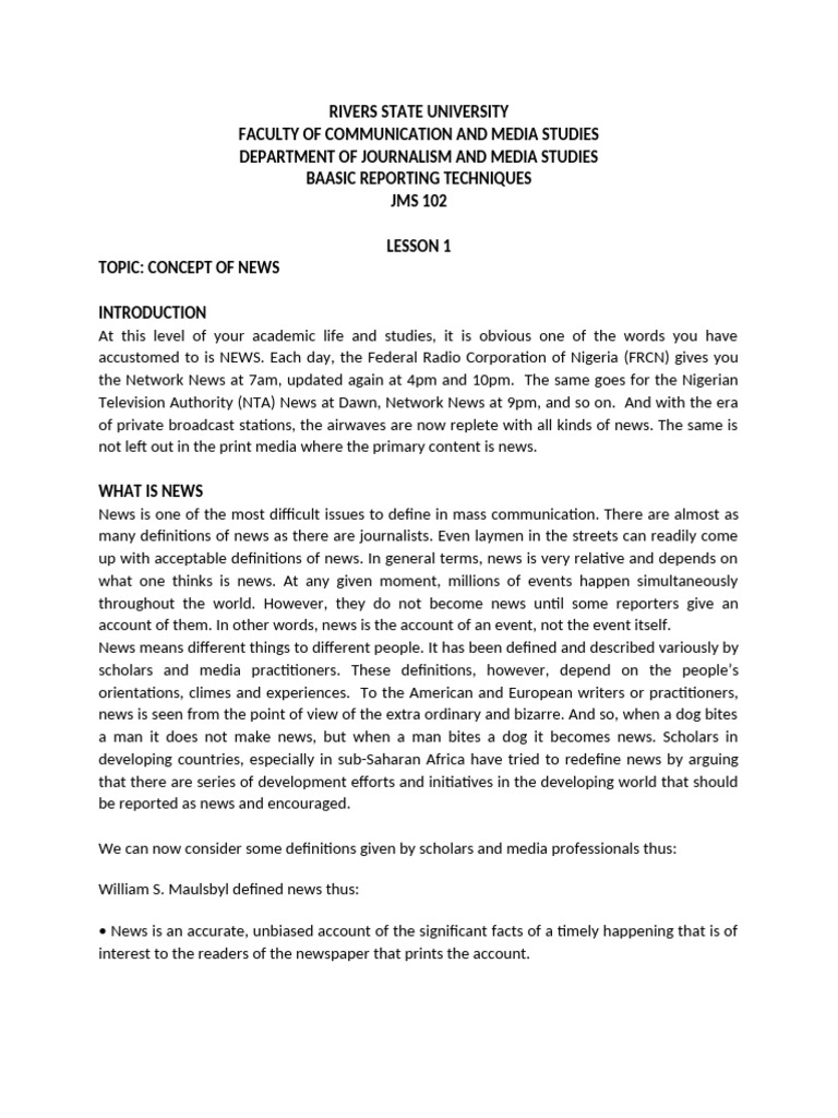 Lesson 1 Concept of News, Elements Virtues and Values of News | PDF