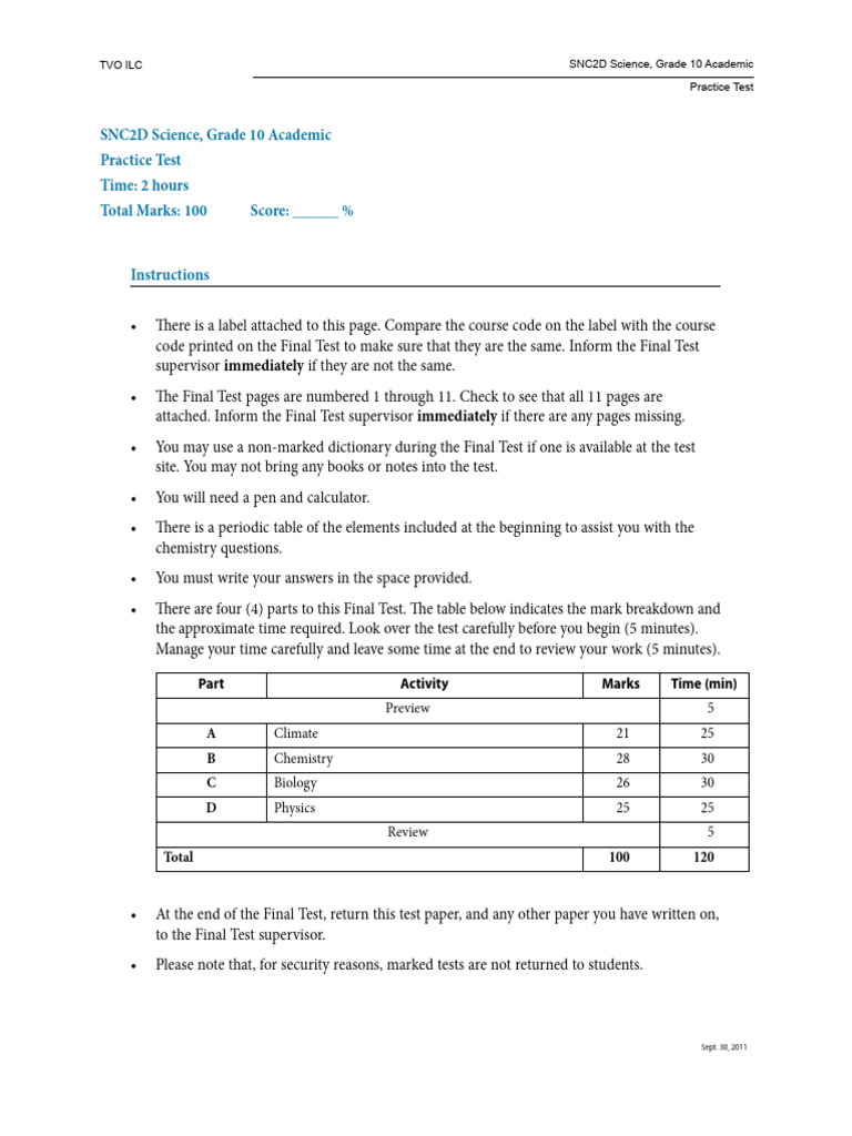 SNC2D - Practice Test | PDF