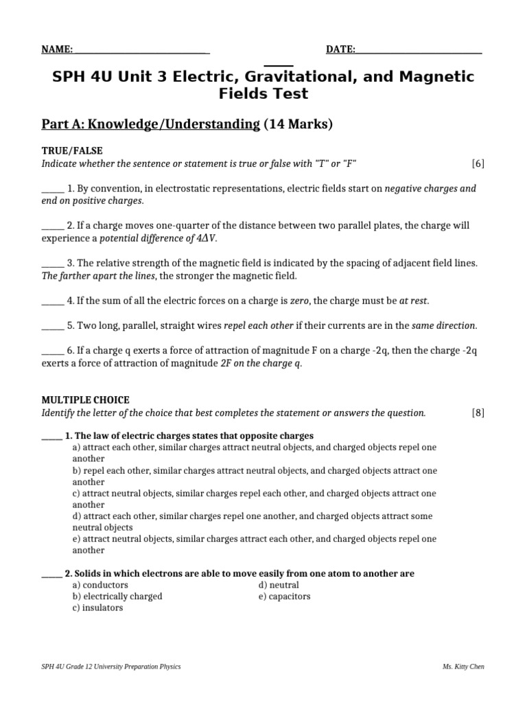 SPH 4U Unit 3 Electric, Gravitational, and Magnetic Fields Test | PDF