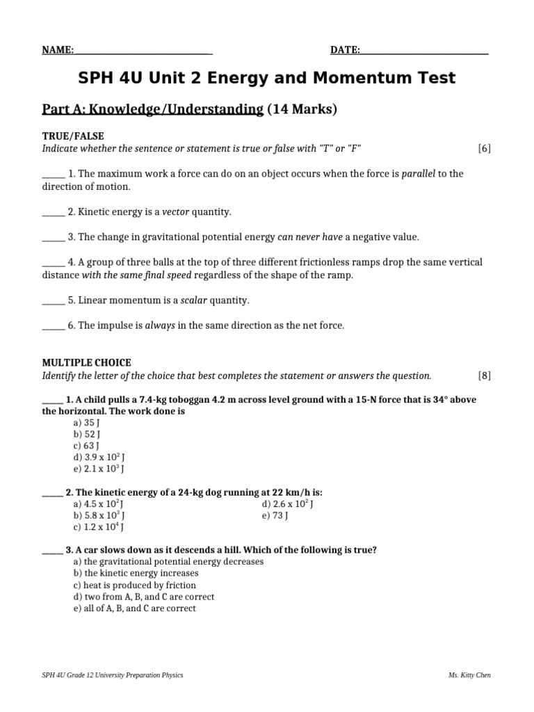 SPH 4U Unit 2 Energy and Momentum Test | PDF