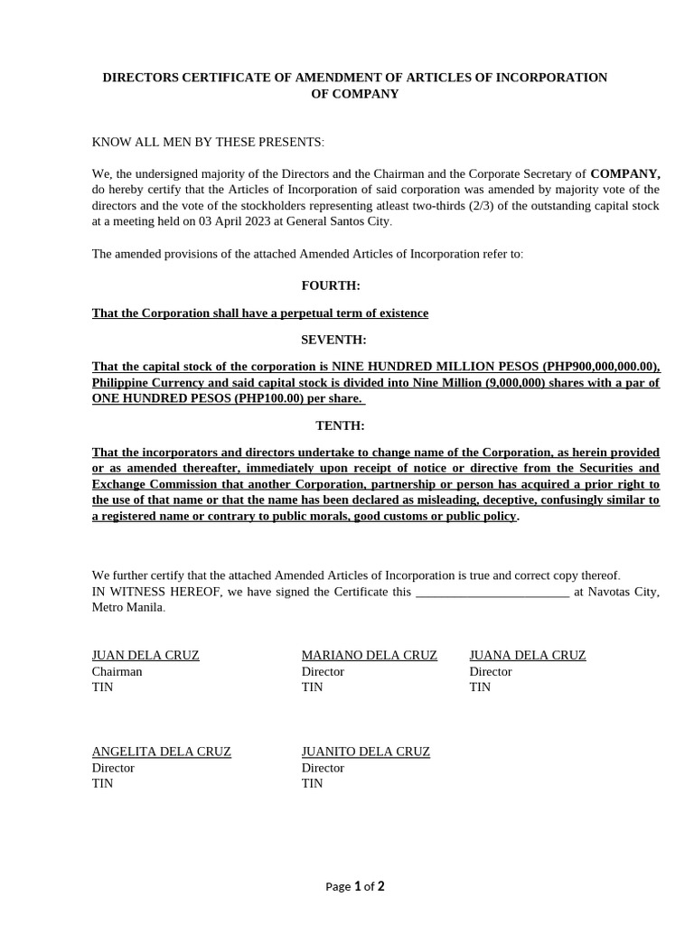 Amendment of Articles of Incorporation | PDF | Corporations