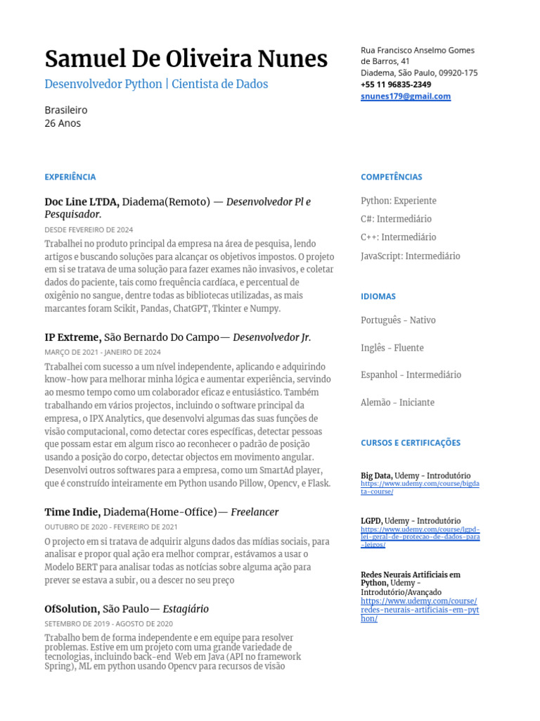 Curriculo Samuel Nunes | PDF