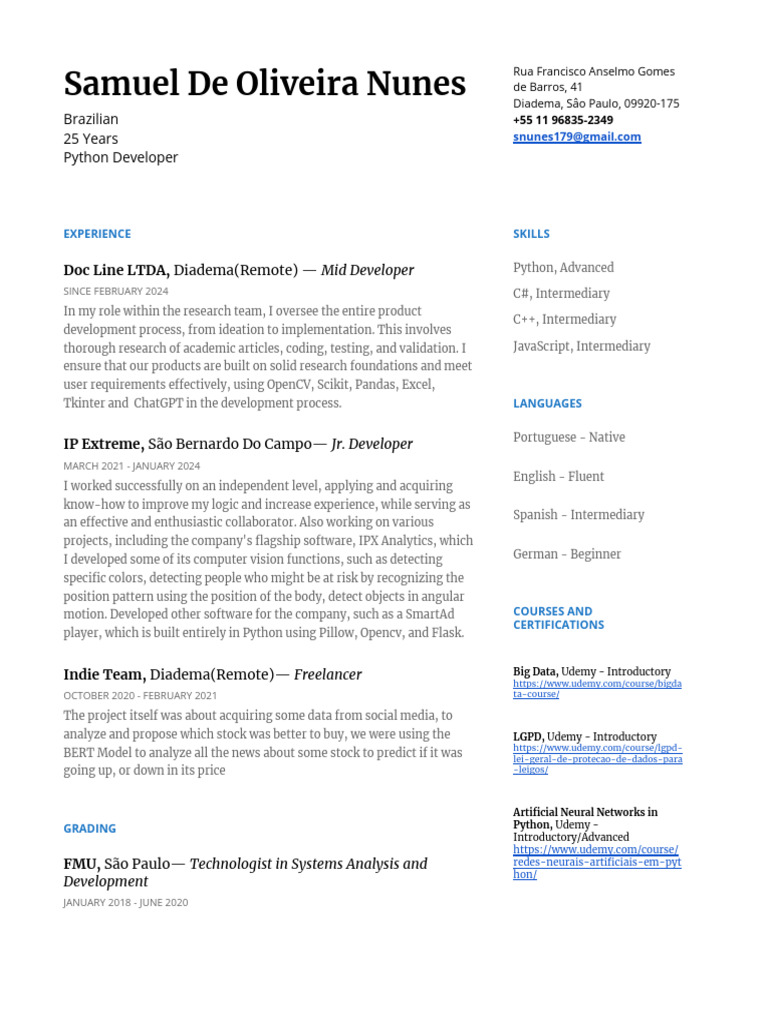 Résumè Samuel Nunes | PDF