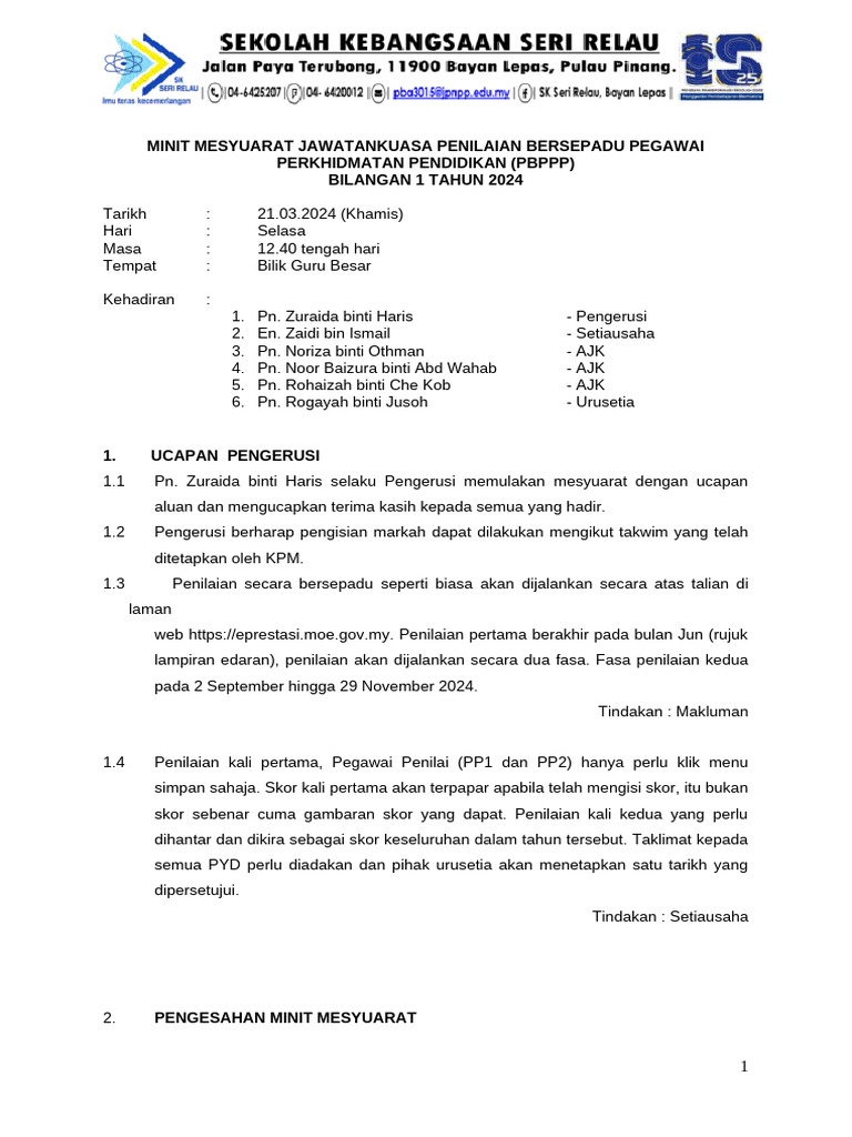 Minit Mesyuarat PBPPP Kali Pertama 2024 | PDF
