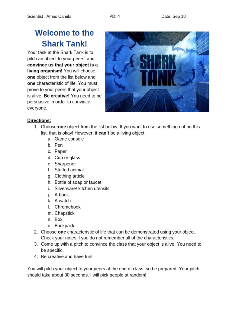 Camila Ames - Shark Tank Activity - Is It Alive M | PDF