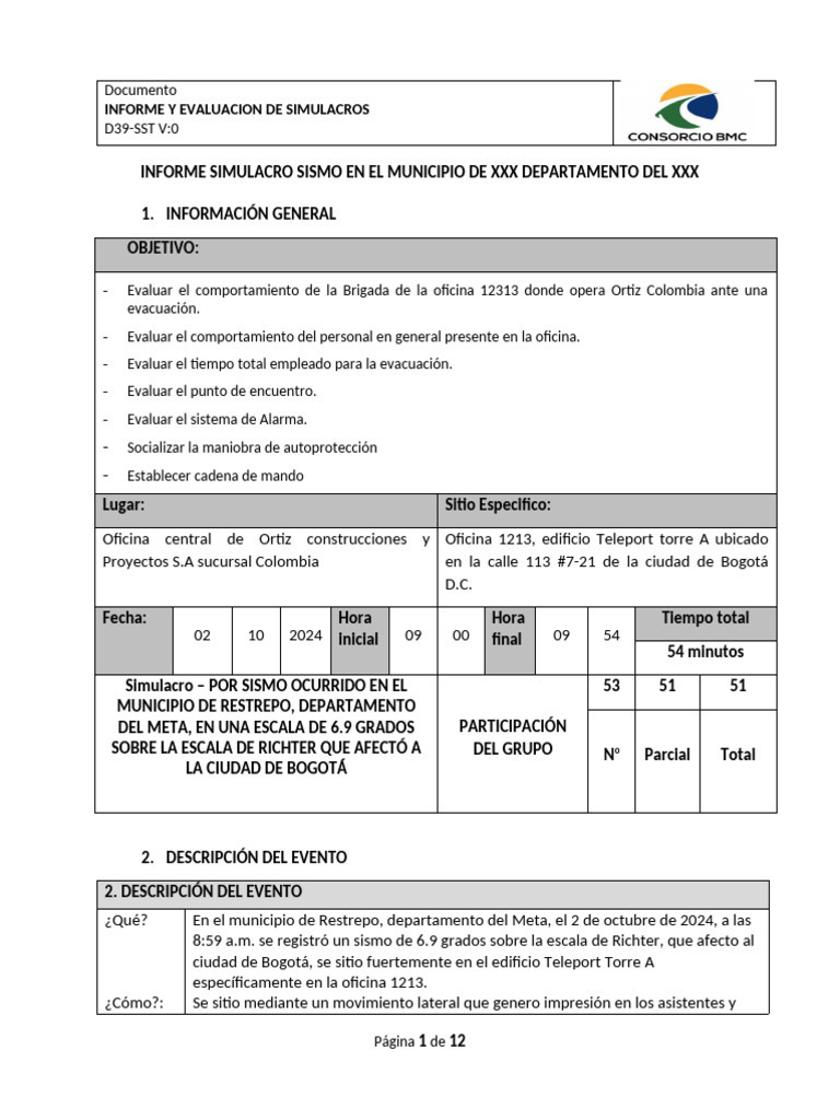 D39-SST Informe y Evaluacion de Simulacros | PDF