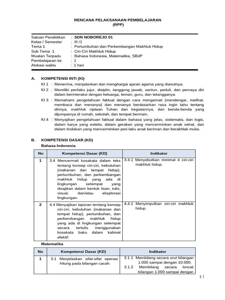 rpp kelas 3 tema 1 st 1 revisi 2019 | PDF