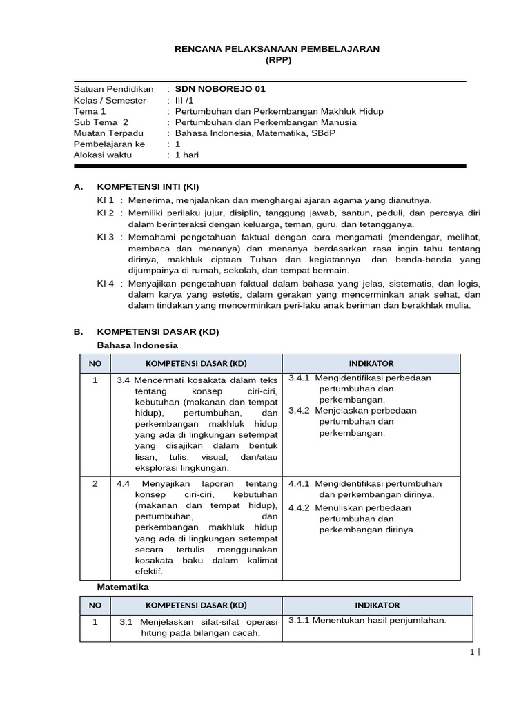 RPP Kelas 3 Tema 1 ST 2 Revisi 2019 | PDF