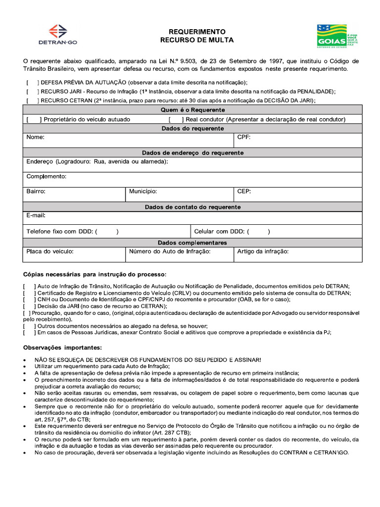 Requerimento Recurso de Multa DETRAN 2 | PDF
