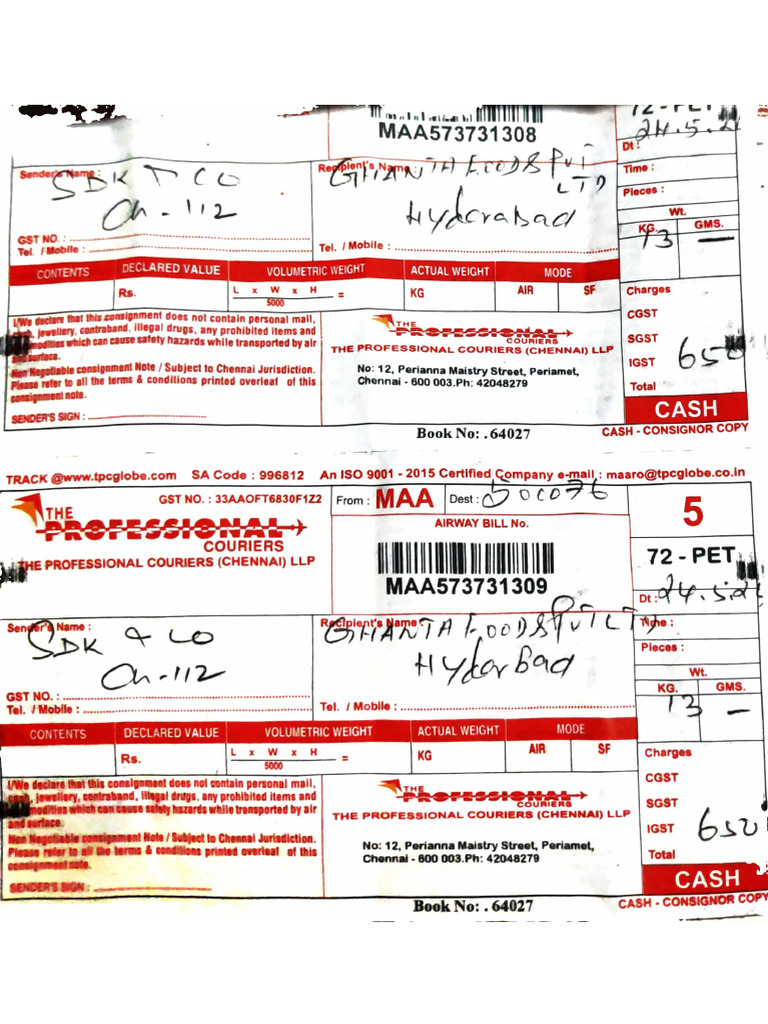 Ghanta Food Debit Note & LR | PDF