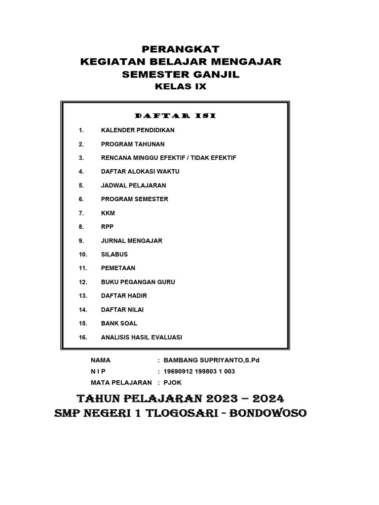 Perangkat Kegiatan Belajar Mengajar Semester Ganjil: TAHUN PELAJARAN 2023 - 2024 SMP Negeri 1 ...
