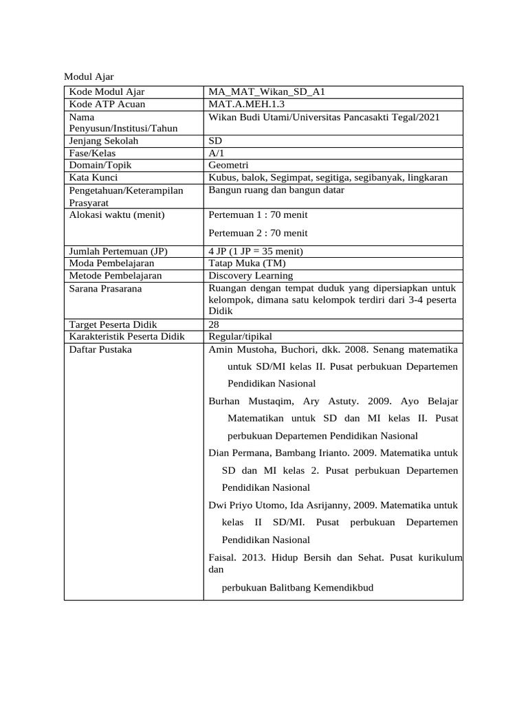 Modul Ajar Matematika - Bangun Ruang Dan Bangun Datar - Fase A-2 | PDF