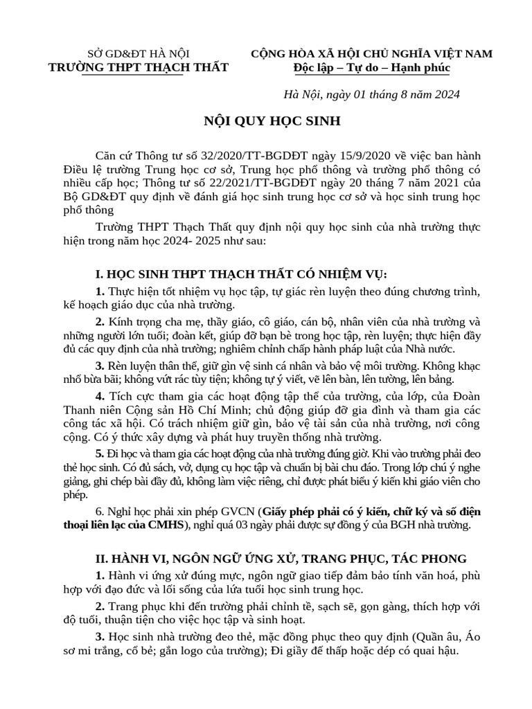 Noi Quy Hoc Sinh THPT Thach That | PDF | Vietnamese People | Lifestyle