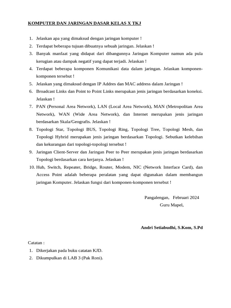 Tugas Komputer Dan Jaringan Dasar Kelas X TKJ | PDF
