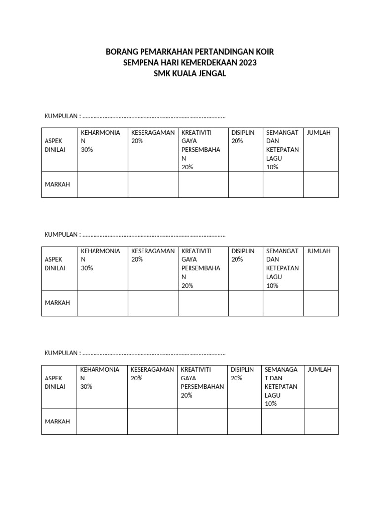 Borang Pemarkahan Pertandingan Koir | PDF