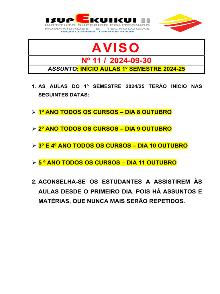 Início Aulas 1º Semestre 2024-25 | PDF