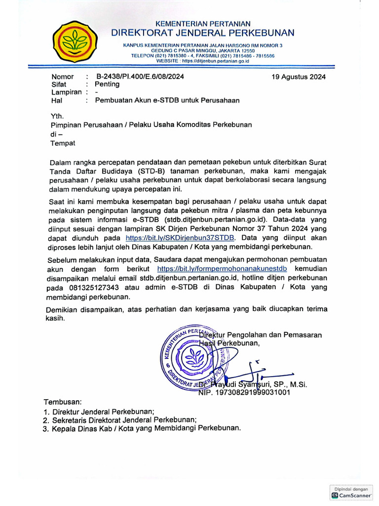 SE Dir PPHBun - Pembuatan Akun E-STDB Pihak Ketiga Untuk Perusahaan | PDF