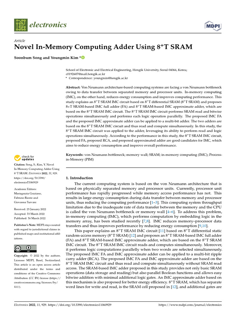Novel In-Memory Computing Adder Using 8+T SRAM | PDF | Random Access Memory | Computers