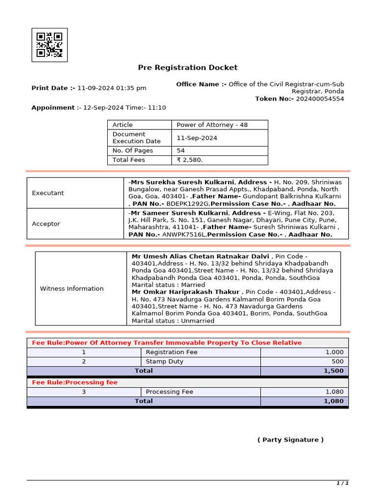 Pre Registration Docket: Fee Rule:Power of Attorney Transfer Immovable ...